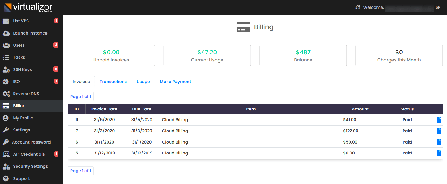 Cloud Billing Enduser Experience – Virtualizor