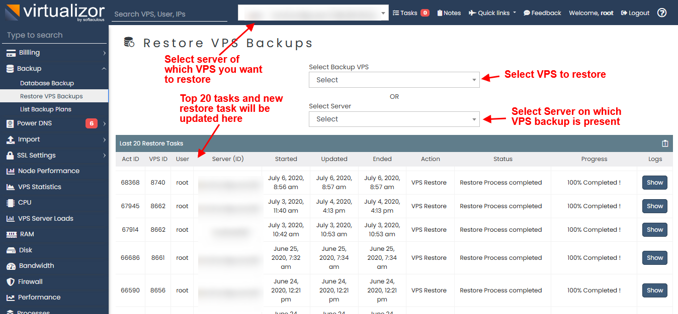 Restore VPS Backups – Virtualizor