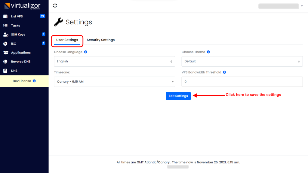 User Settings – Virtualizor
