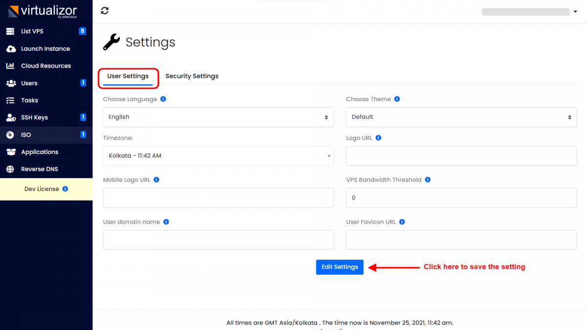 User Settings – Virtualizor